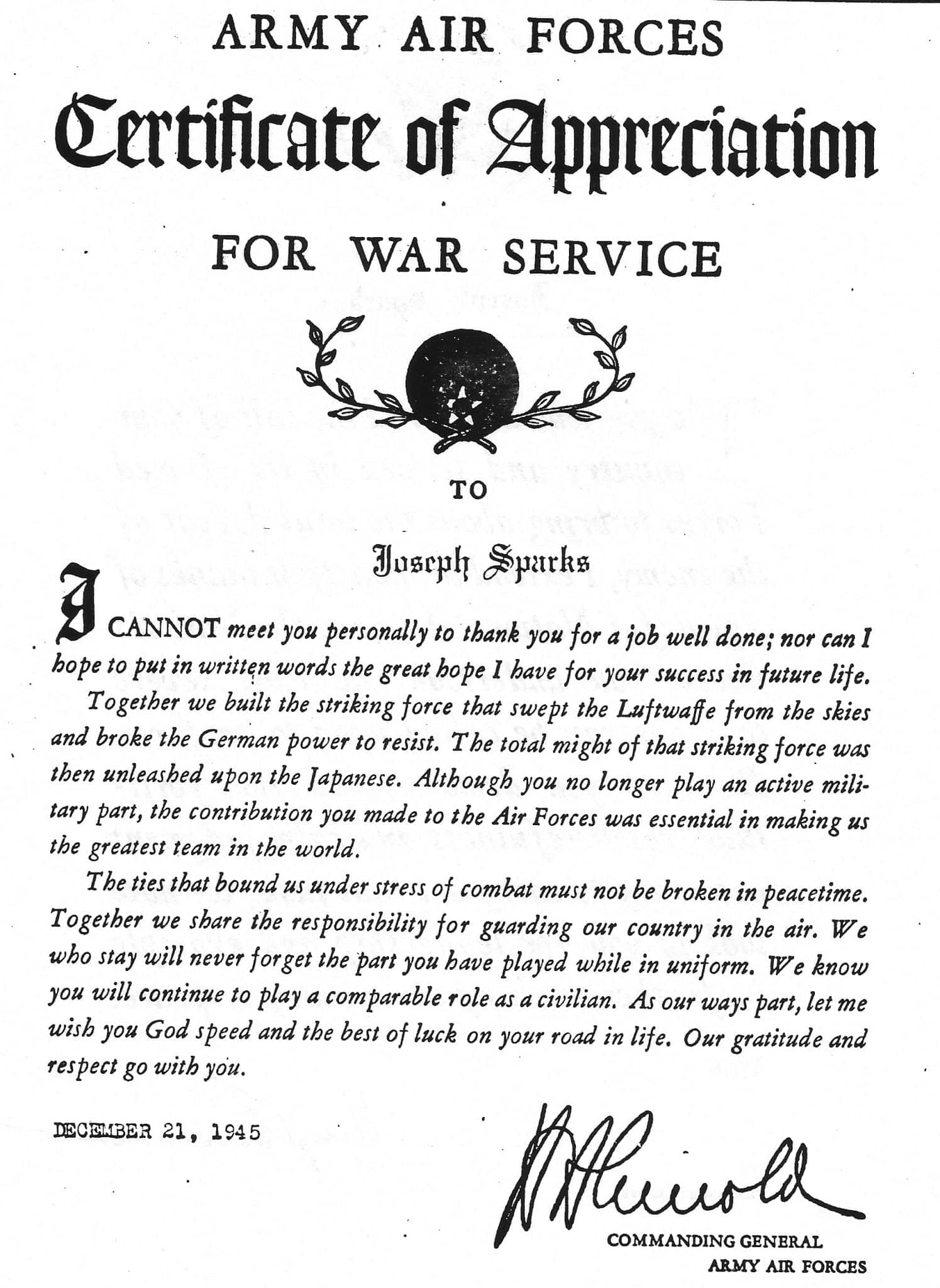 Documents belonging to Joseph W. Sparks | CAF RISE ABOVE